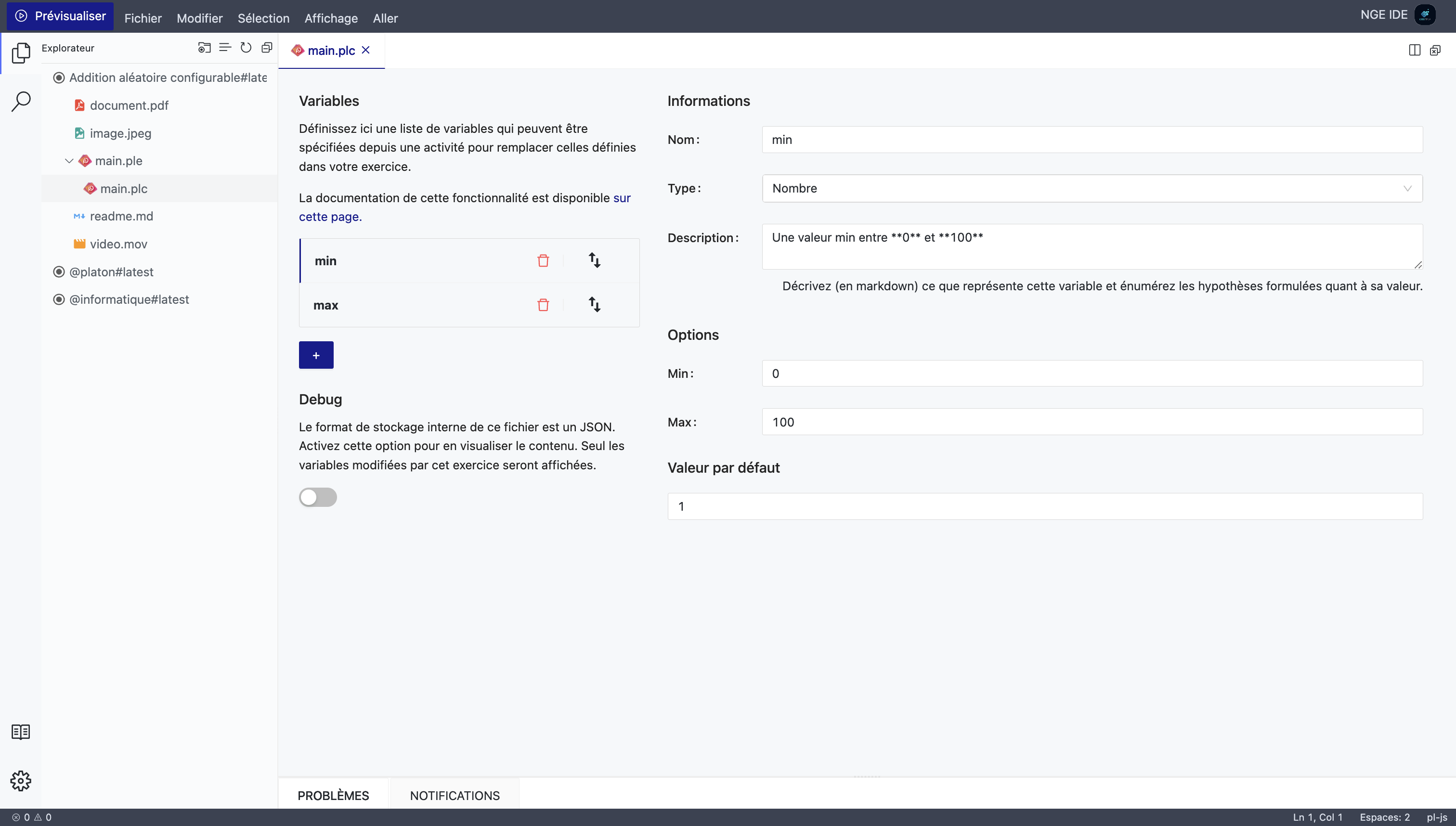 Rendre un exercice configurable | PLaTon